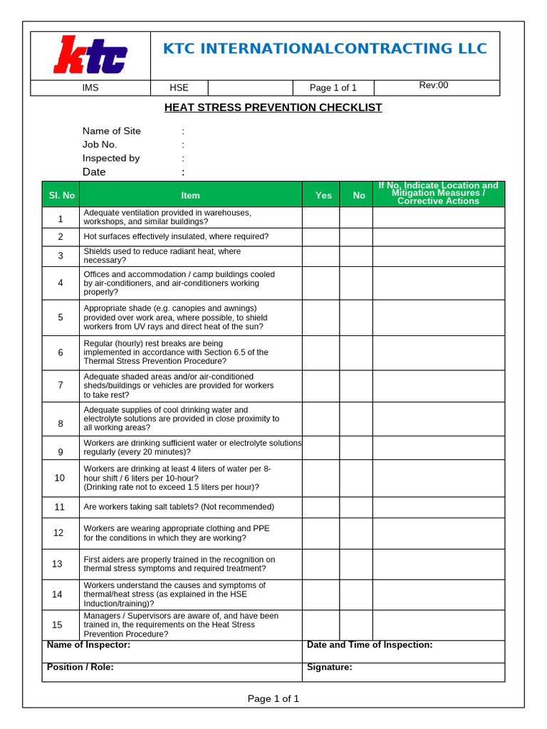 Heat Stress Prevention Checklist | PDF | Hyperthermia | Air Conditioning