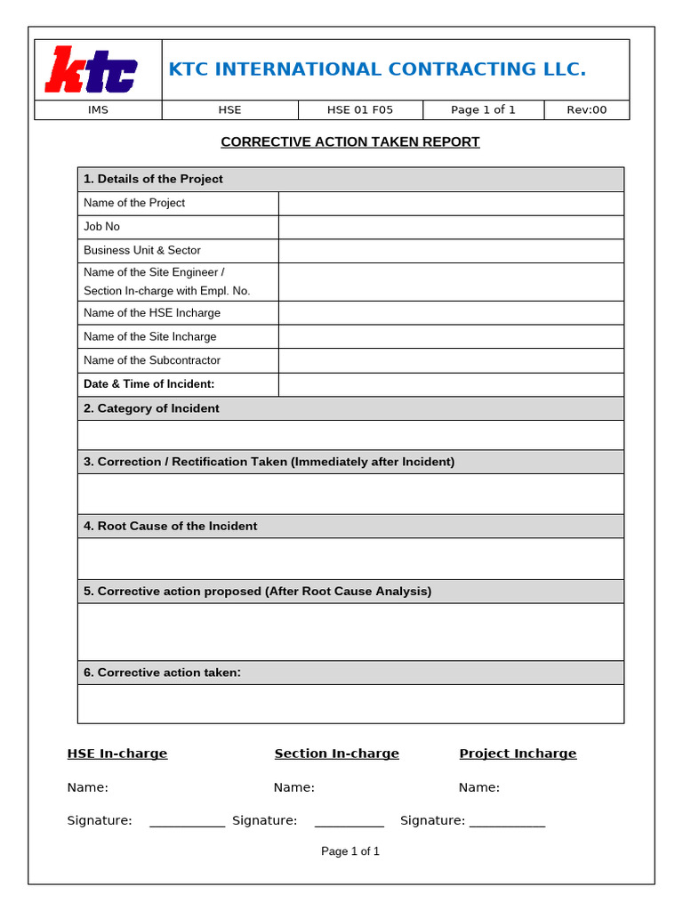 HSE 01 F 05 - Corrective Action Taken Report | PDF