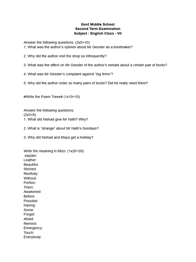 Class 7 Test Mualkhang Middle School | PDF