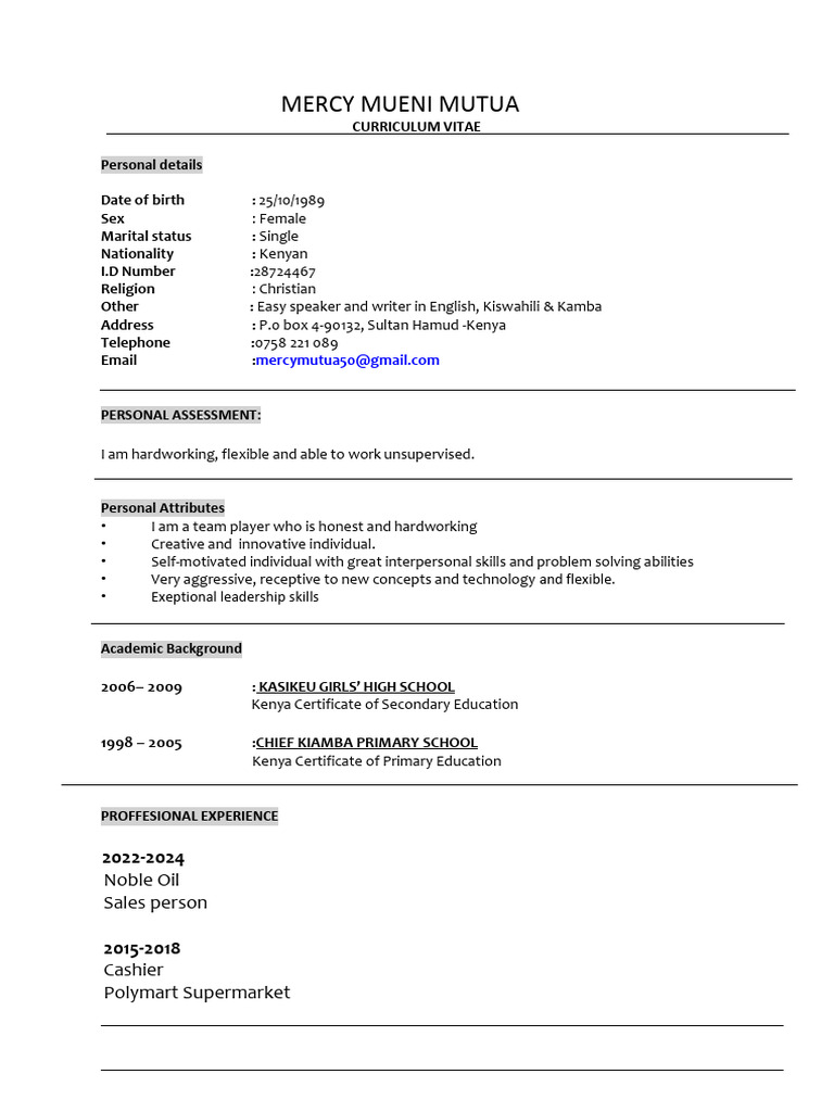 Mercy Mutua CV: Sales & Cashier Experience | PDF
