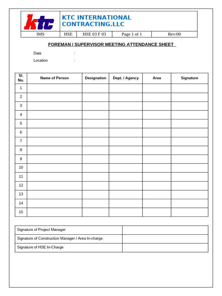 Hse 03 F 03 - Foreman Supervisor Meeting Attendance Sheet | PDF