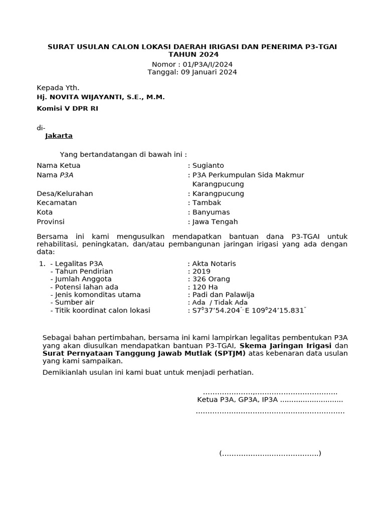 Contoh Surat Usulan P-3TGAI Disertai SPTJM | PDF
