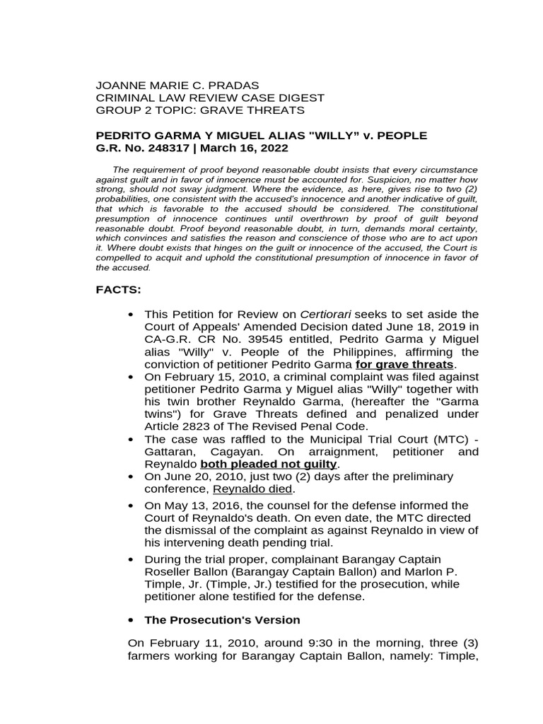 CRIM LAW GARMA V PEOPLE CASE DIGEST GRAVE THREATS GR 248317 | PDF ...