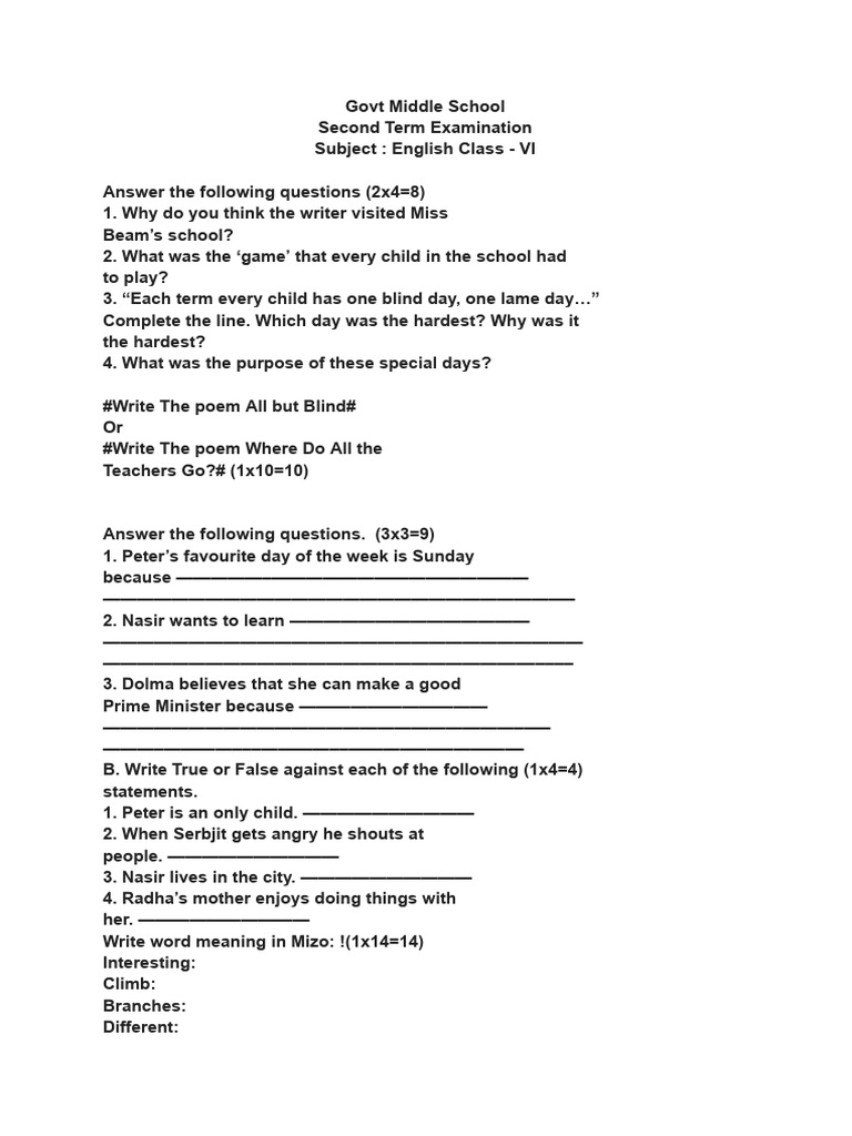 Class 6 Test Paper | PDF