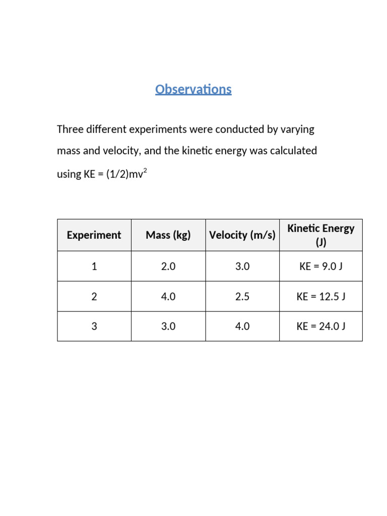Kinetic Energy Experiments Analysis | PDF | Mass | Velocity