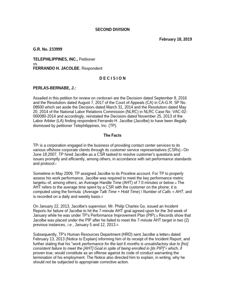 Illegal Dismissal Case: Jacolbe vs. TP | PDF | Employment | Labour Law