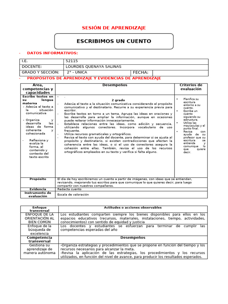 U8 s1 Sesion d3 Com Escribimos Un Cuento 998591174 | PDF | Aprendizaje | Evaluación