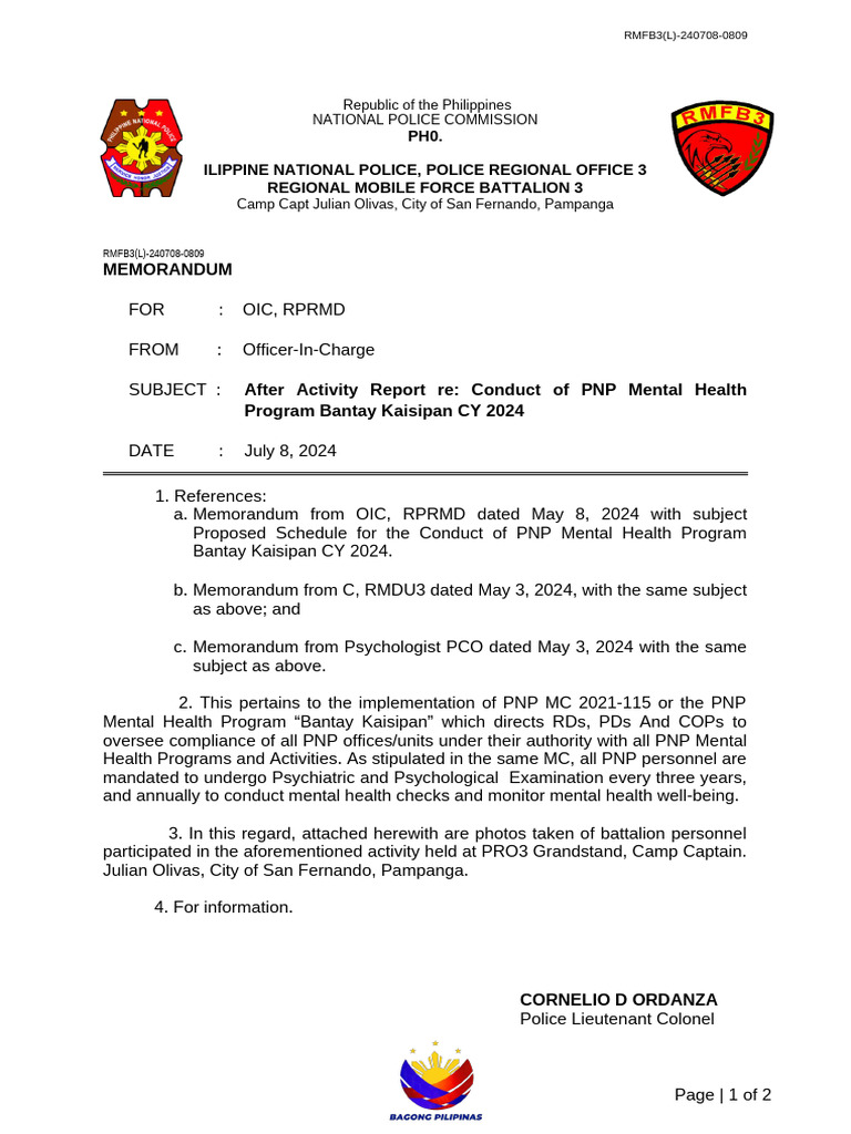 AAR Re Conduct of PNP Mental Health Program (AutoRecovered) | PDF ...