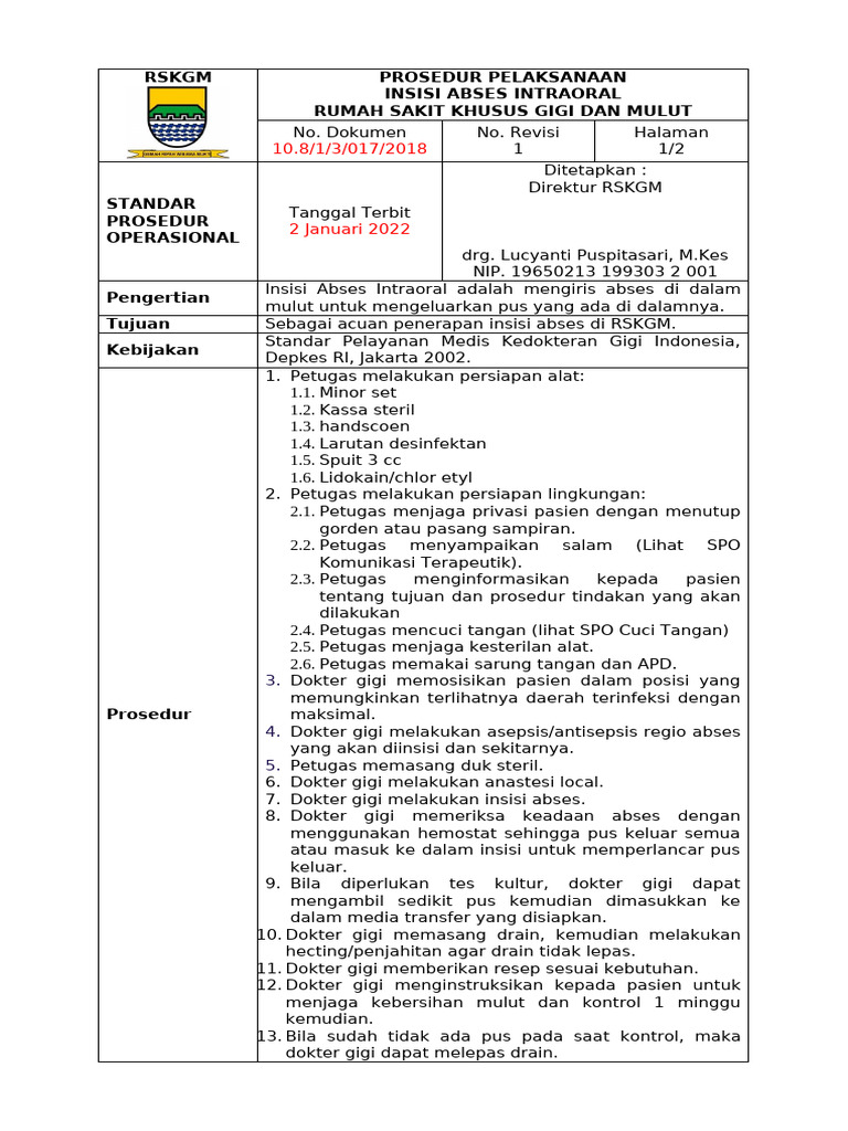 Prosedur Insisi Abses Intraoral RSKGM | PDF
