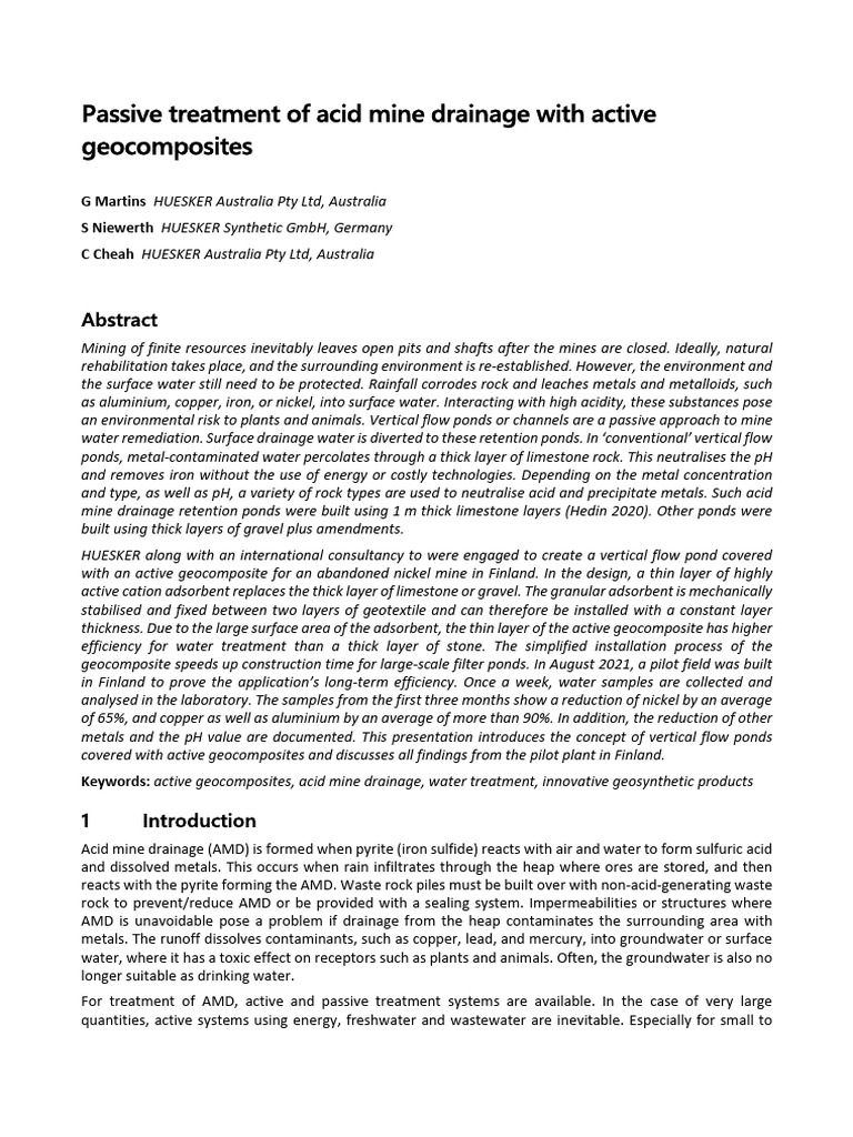 Passive Treatment of Acid Mine Drainage With Active Geocomposites | PDF ...