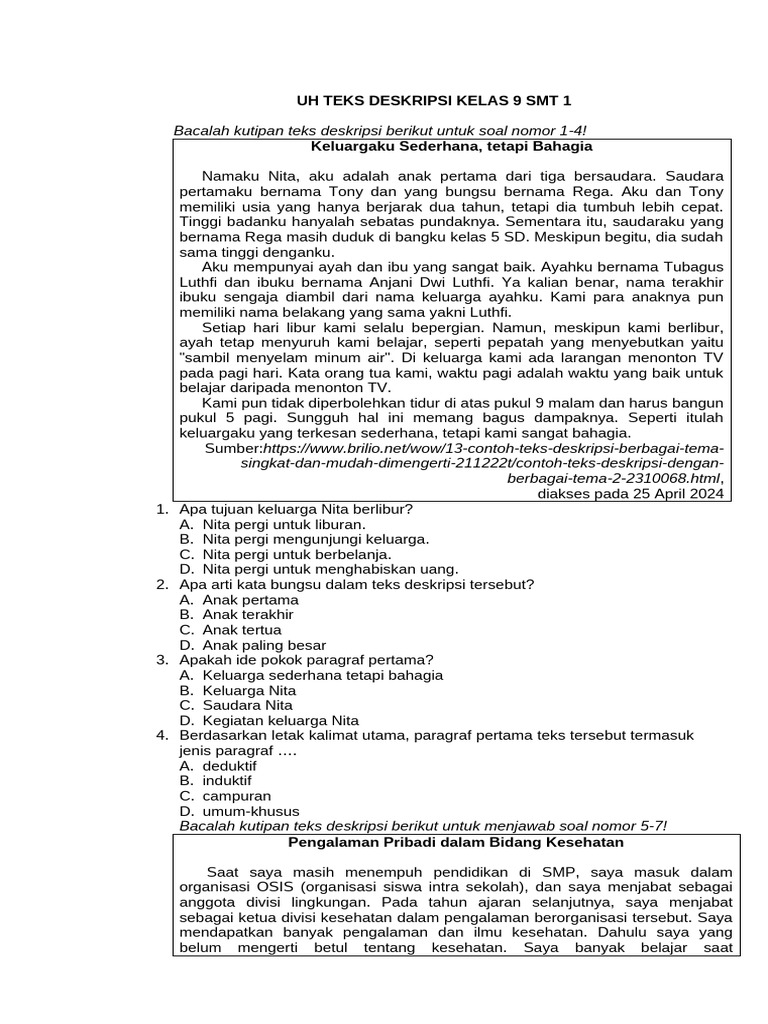 2024 Uh Teks Deskripsi Kelas 9 SMT 1 | PDF