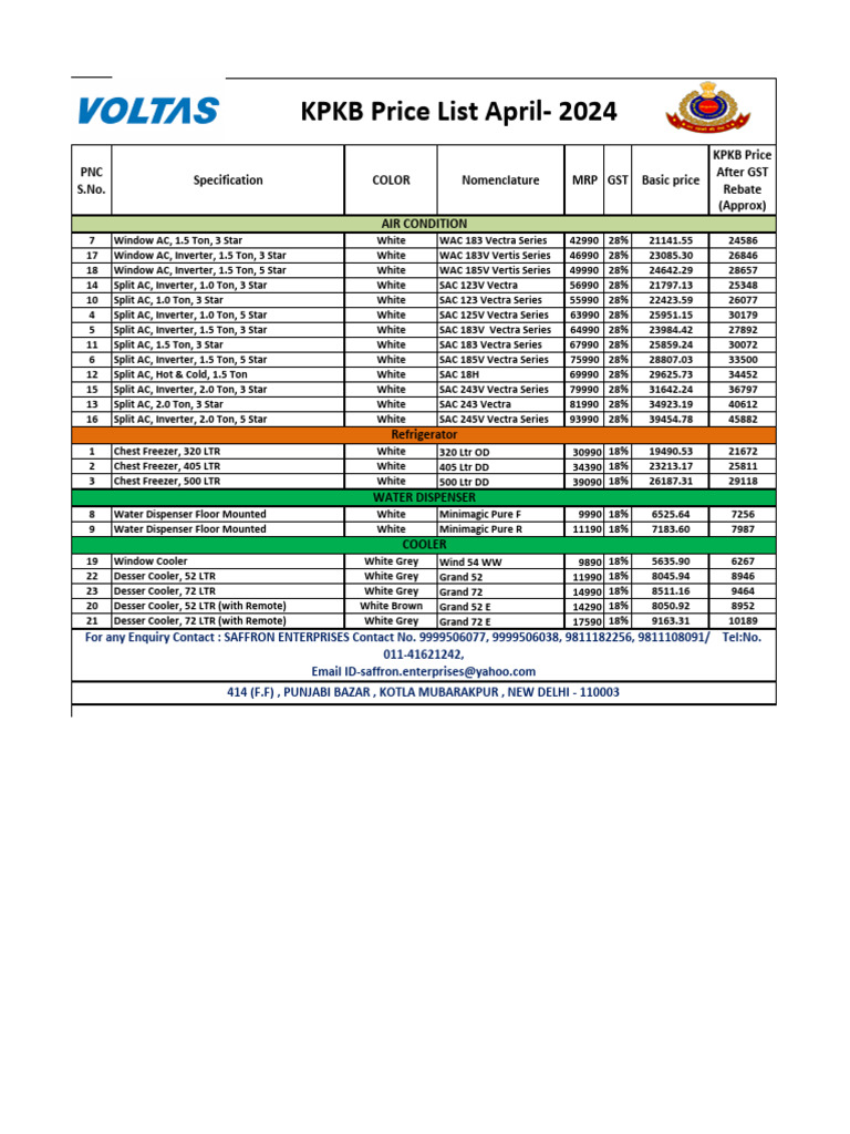Voltas Price List Apr - 2024 (GST Rebate) | PDF | Equipment | Building ...