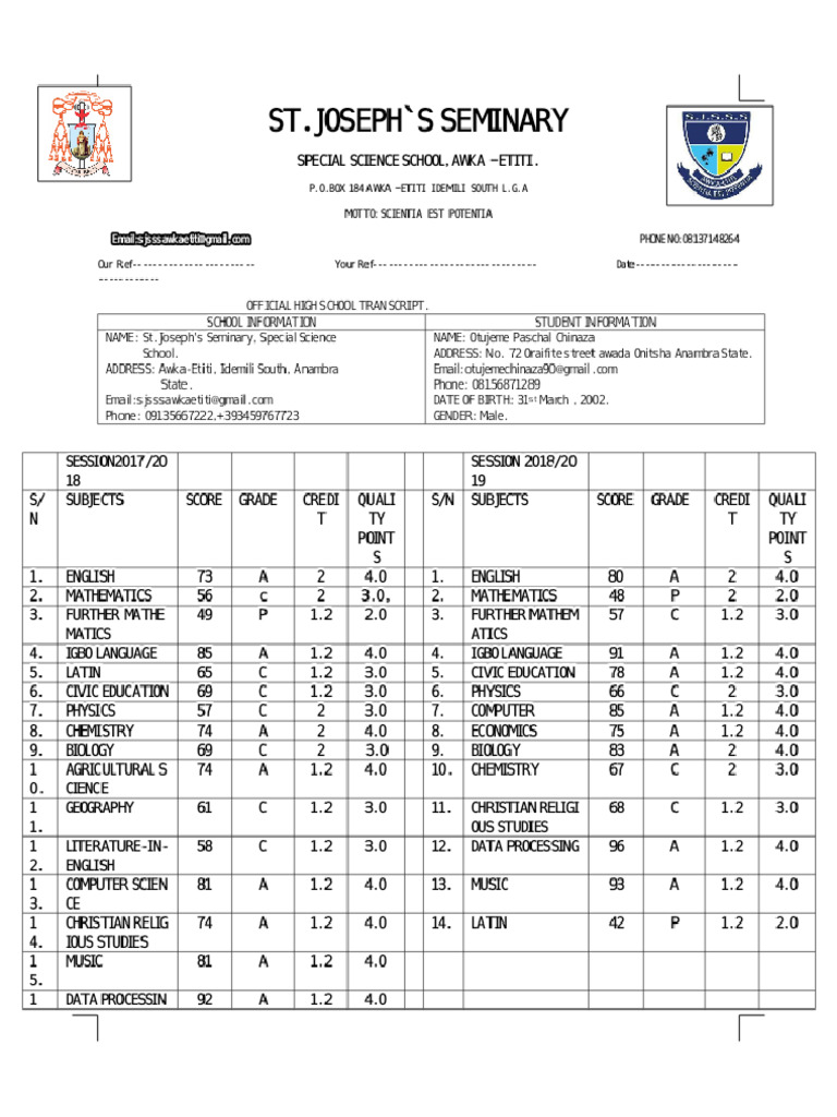 OFFICIAL HIGH SCHOOL TRANSCRIPT FOR OTUJEME PASCHAL ORIGINAL - Phoenix ...