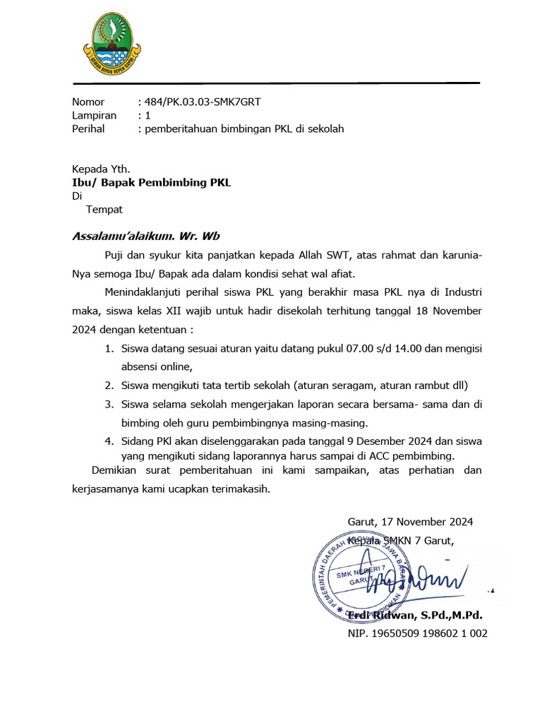 Surat Pemberitahuan Siswa PKL | PDF