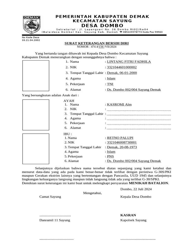 Surat Keterangan Bersih Diri TNI | PDF