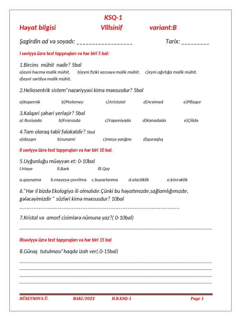 Heyat Bilgisi - B Hüseynova Ü. KSQ-1 VLLL Sinif-1 | PDF