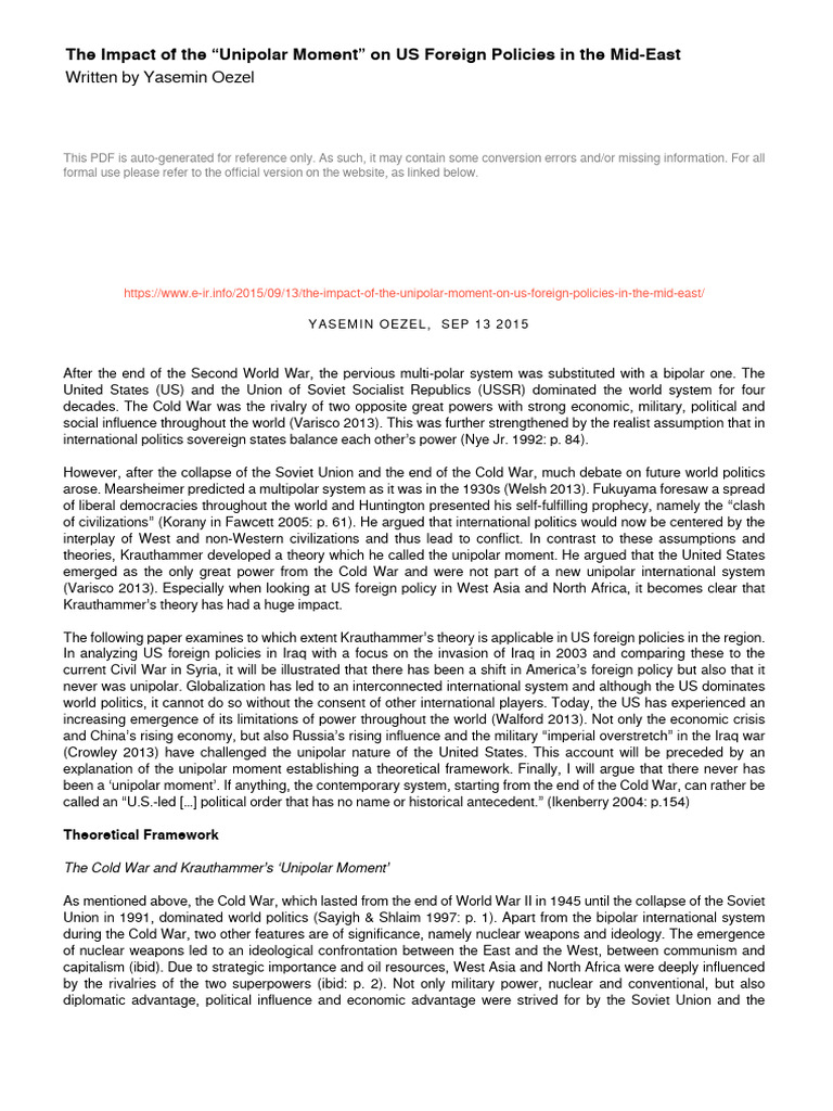 The Impact of The Unipolar Moment On US Foreign Policies in The Mid ...