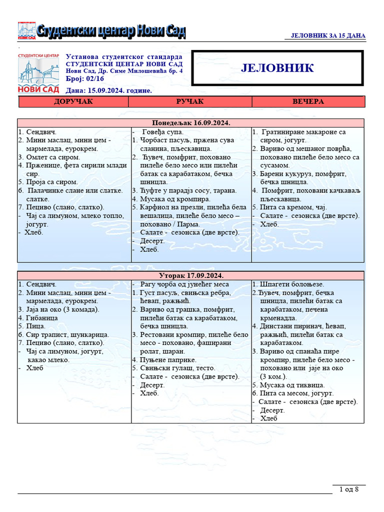 Jelovnik-15 09 2024 | PDF