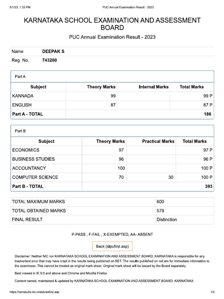 2nd PUC Marks Card (Online) | PDF