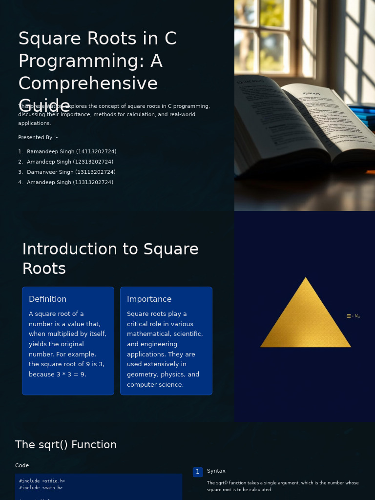 Square Root in C Programming by - (131), (123), (133) | PDF | Square Root | Function (Mathematics)