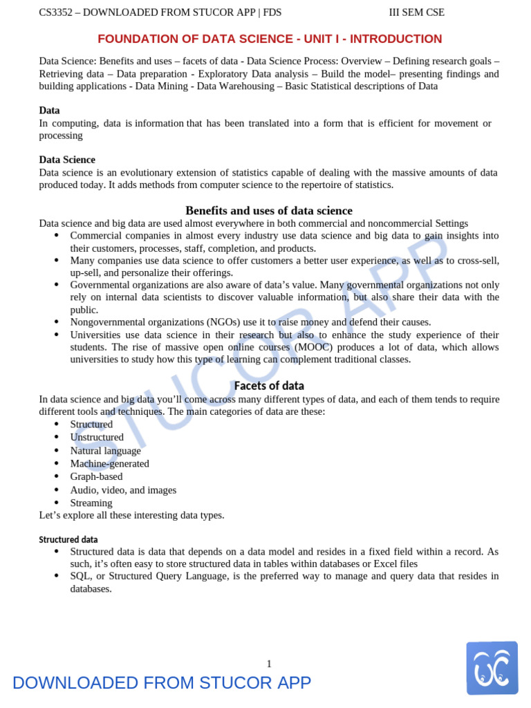 FDS Notes | PDF | Data Science | Data