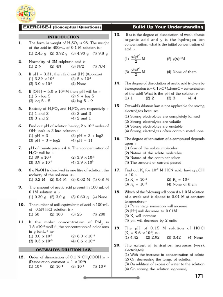 CHEMISTRY MODULE 1 - IONIC EQUILIBRIUM - Exercise-I | PDF | Hydroxide ...