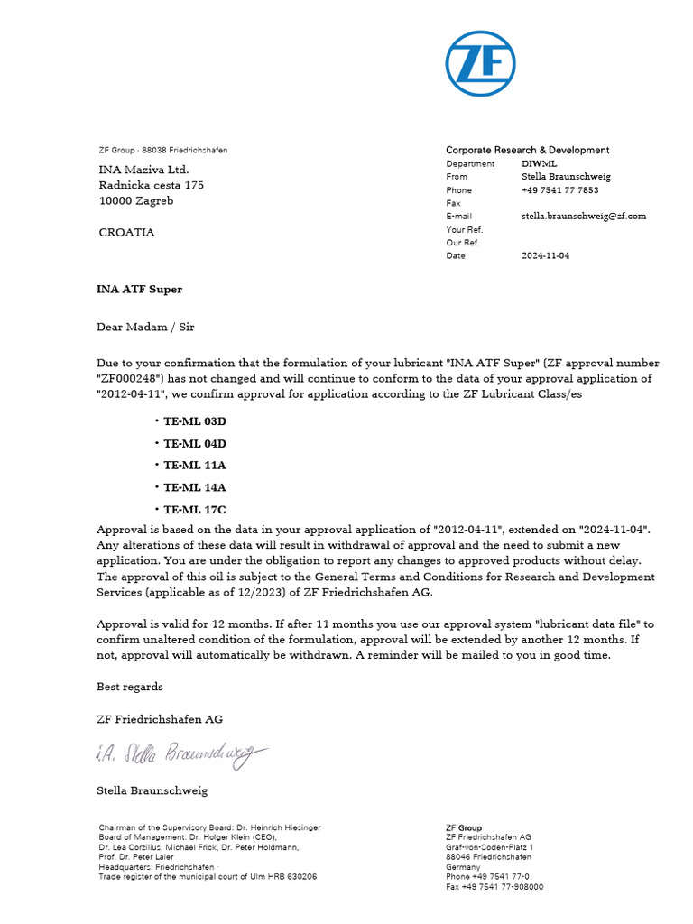 ZF Approval Confirmation for INA ATF Super | PDF