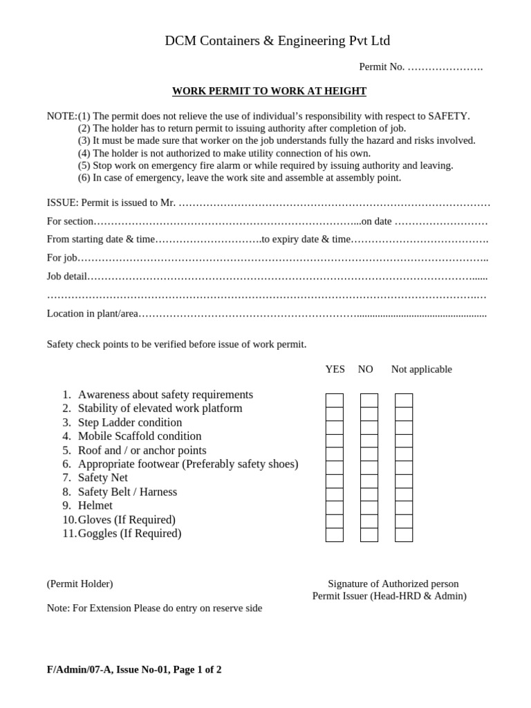 07 A Work Permit To Work at Height | PDF | Safety | Occupational Safety ...