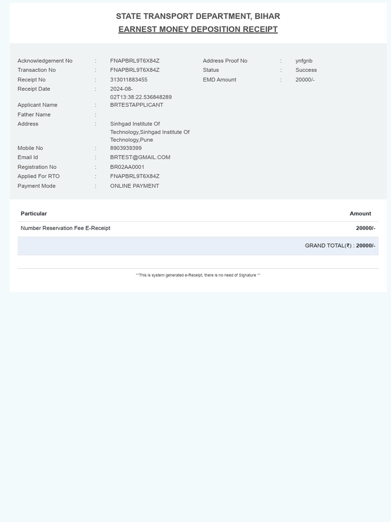 Bihar State Transport EMD Receipt | PDF