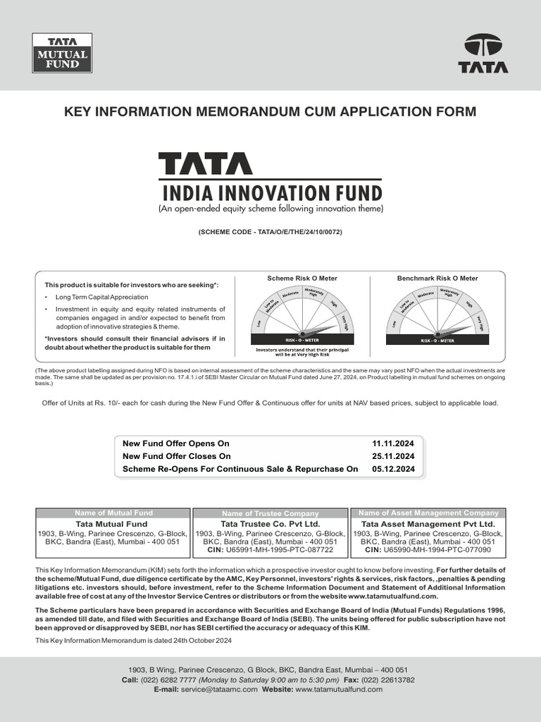 Tata India Innovation Fund - NFO - KIM | PDF | Financial Risk ...