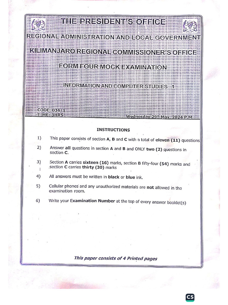 Ics 1 Form 4 Mock-Kilimanjaro | PDF