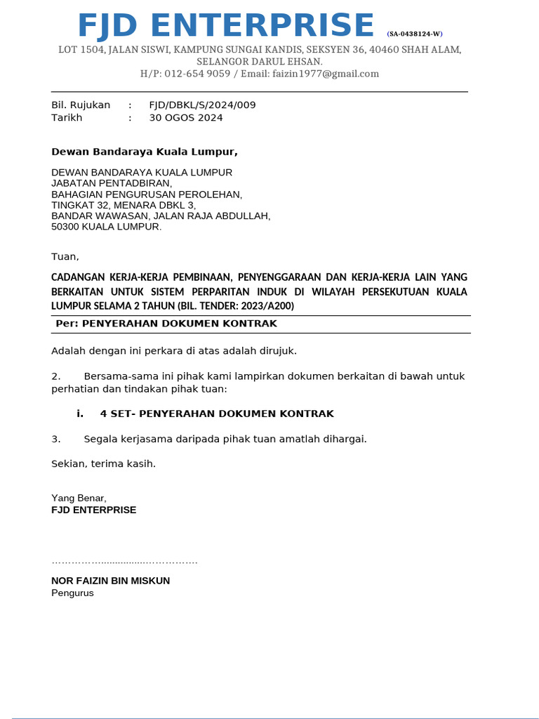 009 Surat Penyerahan Dokumen Kontrak | PDF