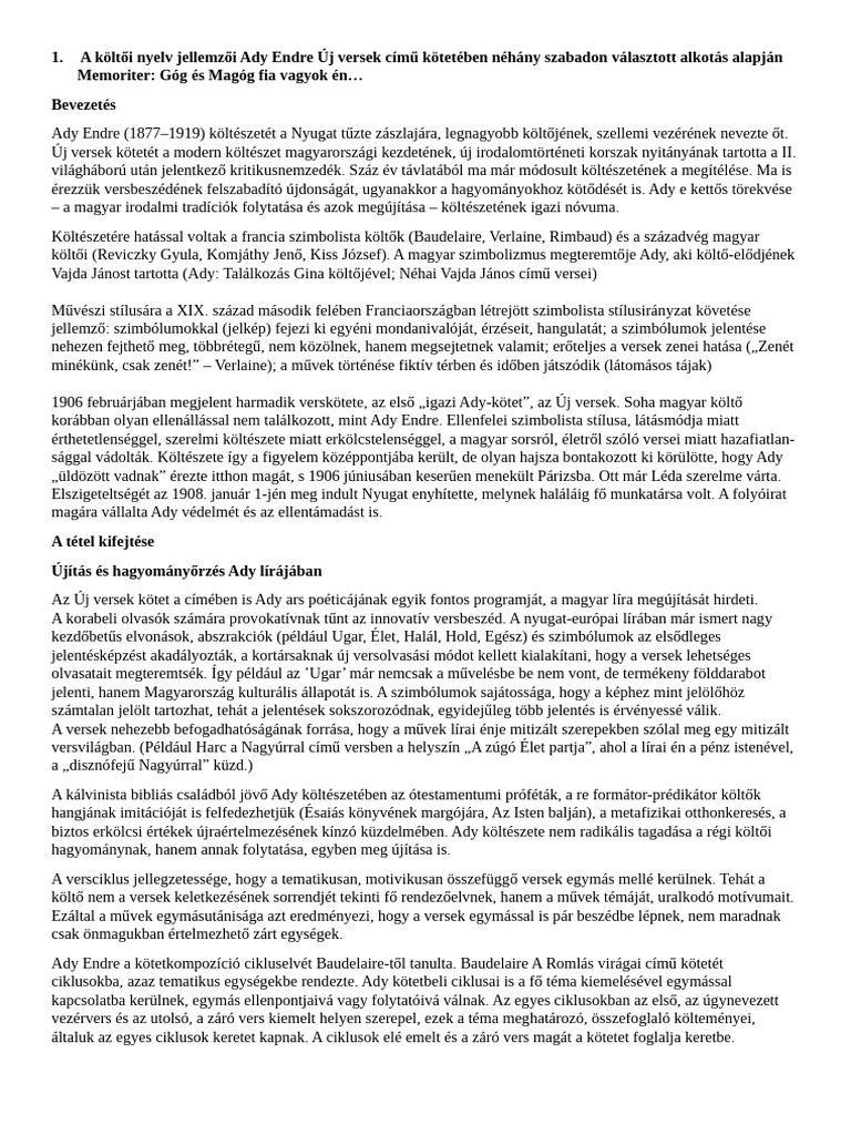 A Költői Nyelv Jellemzői Ady Endre Új Versek Című Kötetében Néhány Szabadon | PDF