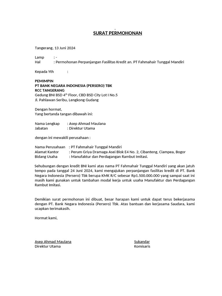 Draft Surat Permohonan Perpanjangan Kredit | PDF