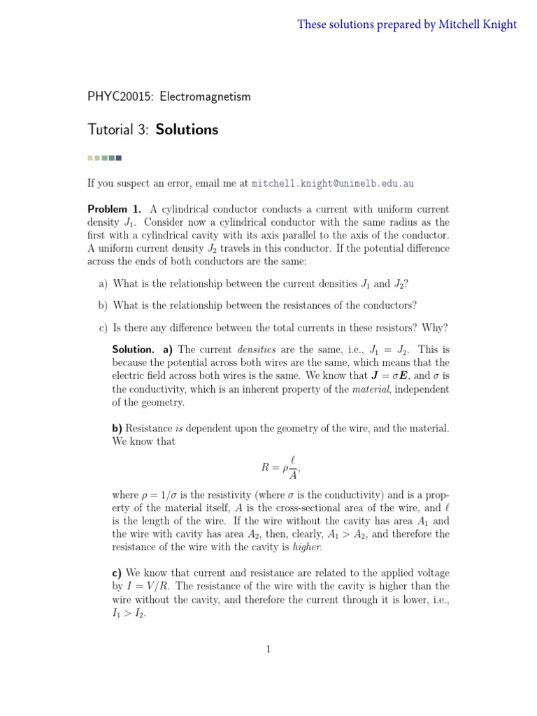 PHYC20015 EM Tutorial 03 Solutions 2021 | PDF | Capacitor | Electrical Resistance And Conductance