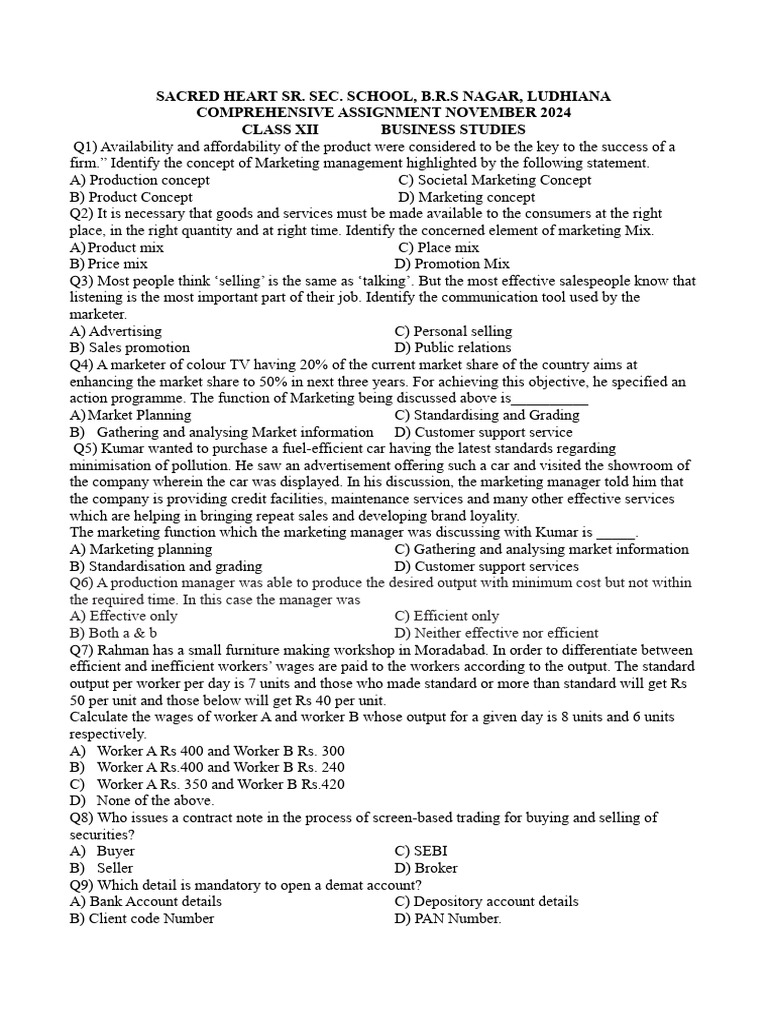 2024 Comprehensive Assignment BSTD Class 12 Nov Dec | PDF | Marketing ...