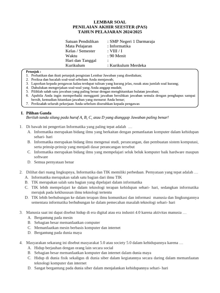 Pas Informatika Kelas 8 | PDF