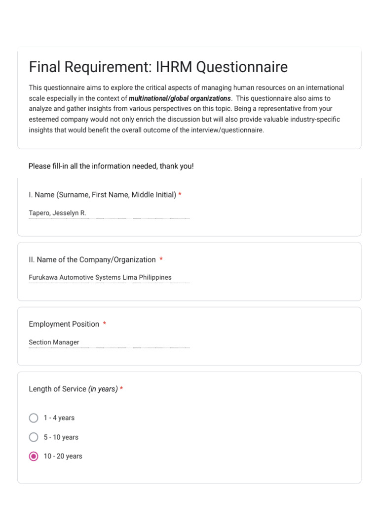 Final Requirement_ IHRM Questionnaire | PDF | Human Resources | Business