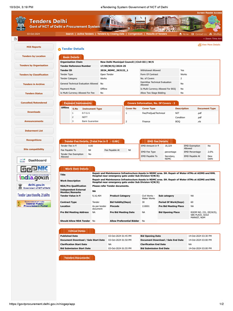 Etendering System Government of NCT of Delhi | PDF