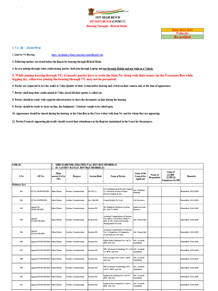 Cause-List Court-V 06.11.2024 - 0 | PDF