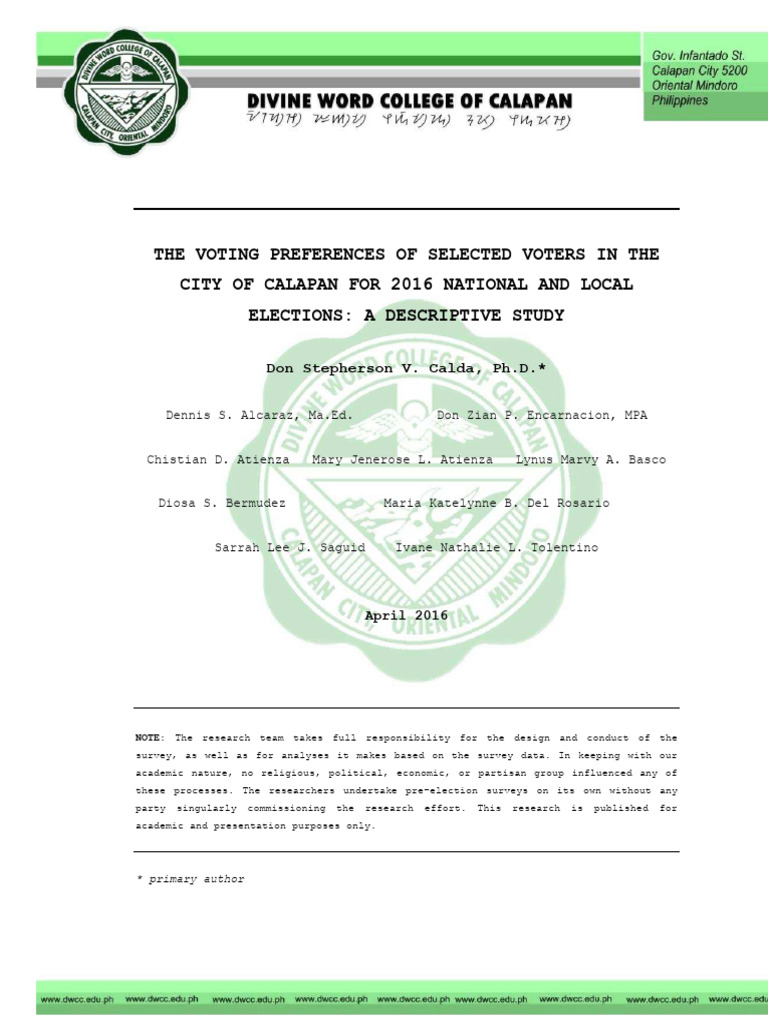 Calapan Voter Preferences Study 2016 | PDF | Survey Methodology | Voting