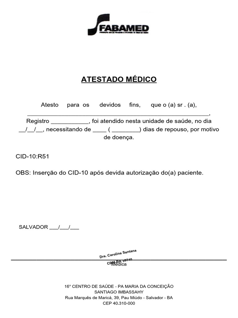 Atestado Médico - CID-10 R51 | PDF