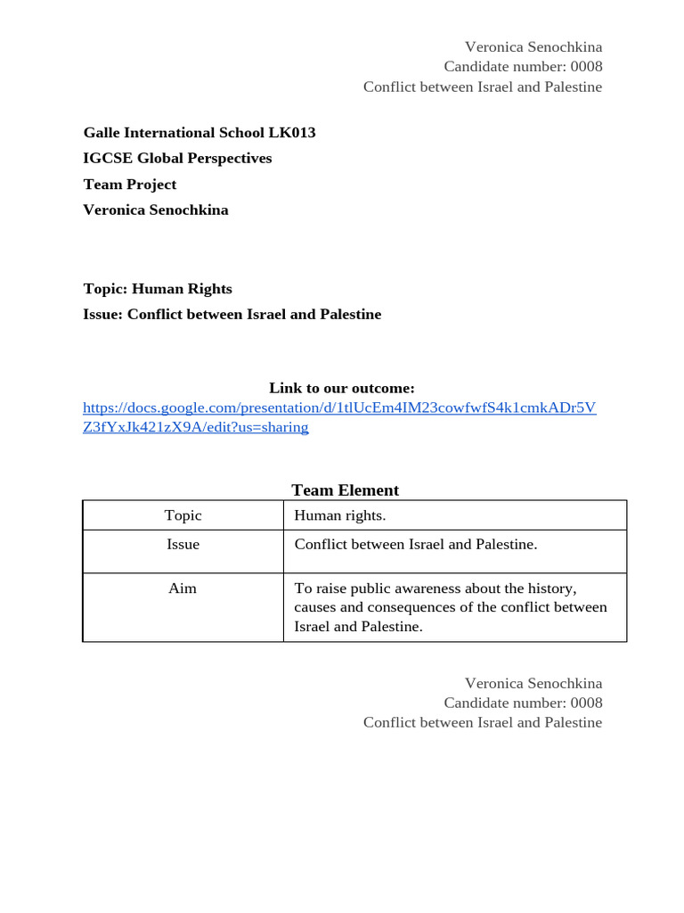 IGCSE GP Team Project VERONICA | PDF | Israel | World Politics