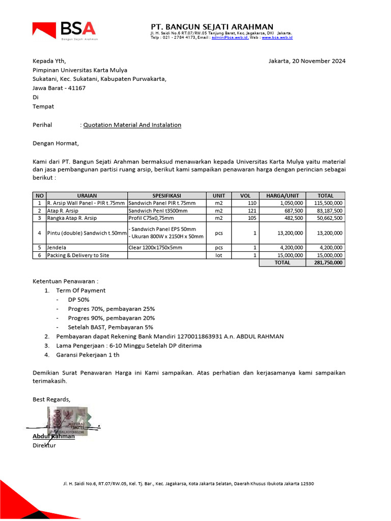 Penawaran Pekerjaan Ruang Arsip - 12112024 - Rev.01 | PDF