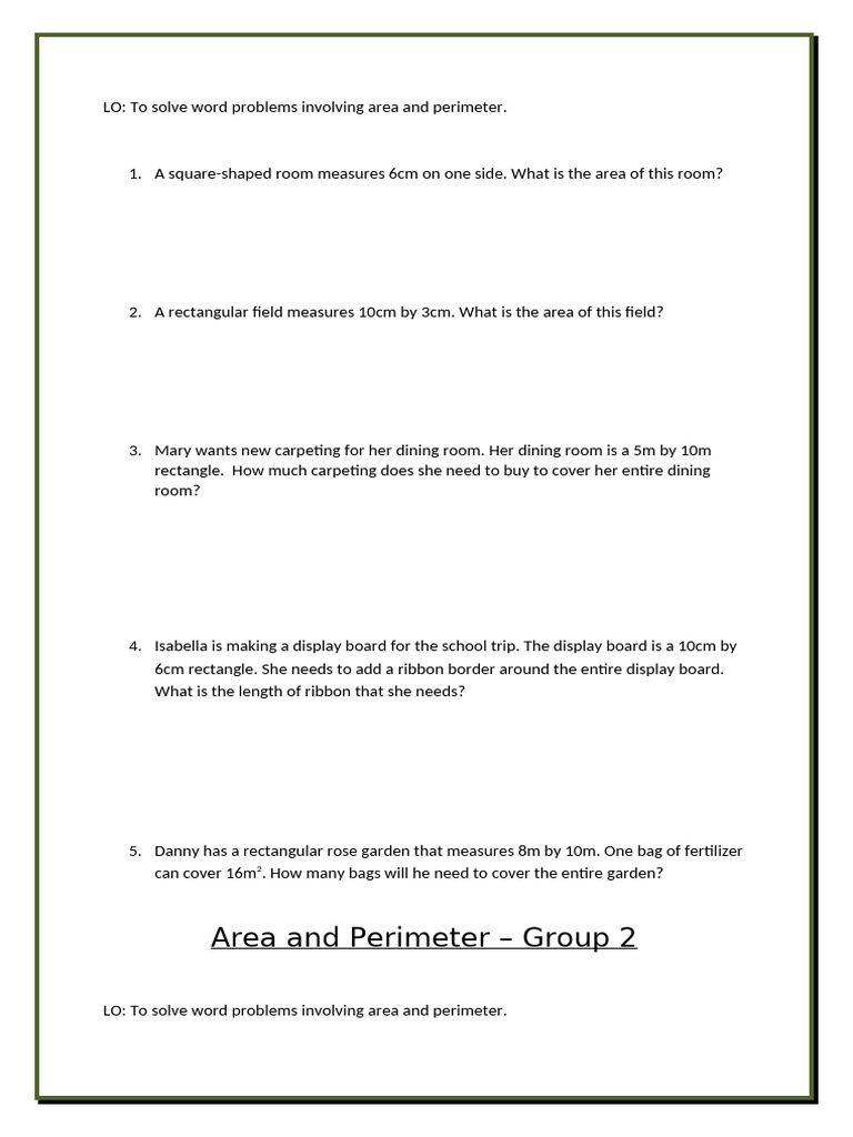 Area and Perimeter Word Problems | PDF | Euclidean Geometry ...