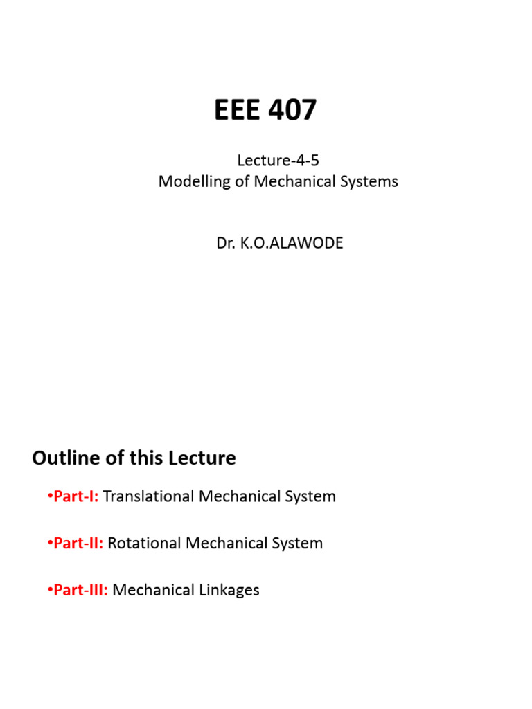 EEE 407 Lecture 4-5 Modeling of Mechanical Systems | PDF | Torque | Gear