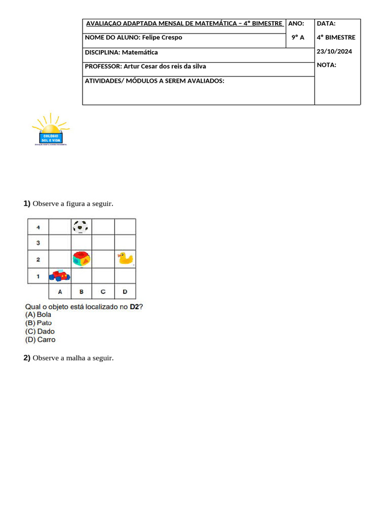 Atividade Adaptada de Matemática Felipe Crespo 9 Ano - 4º BIMESTRE | PDF