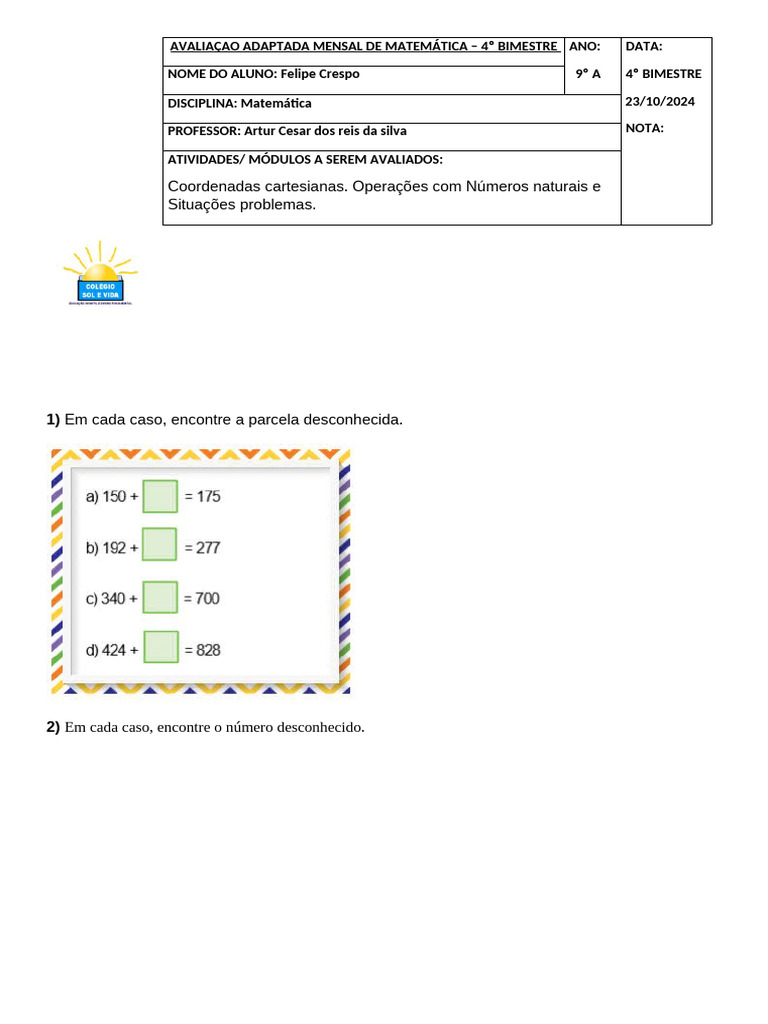 Atividade Adaptada de Matemática Felipe Crespo 9 Ano - 28 A 0111 | PDF