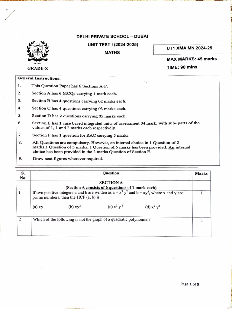 DPS Dubai Math UT1 Grade X | PDF | Polynomial | Abstract Algebra