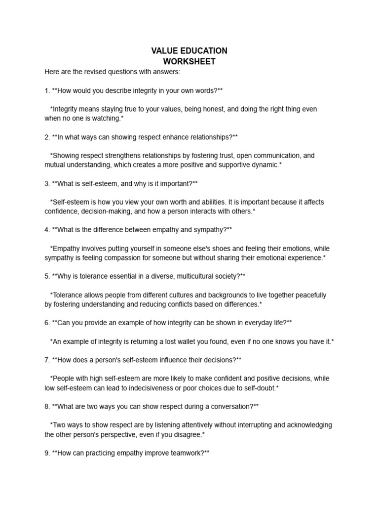 11 Value Education Worksheet | PDF | Self Esteem | Empathy